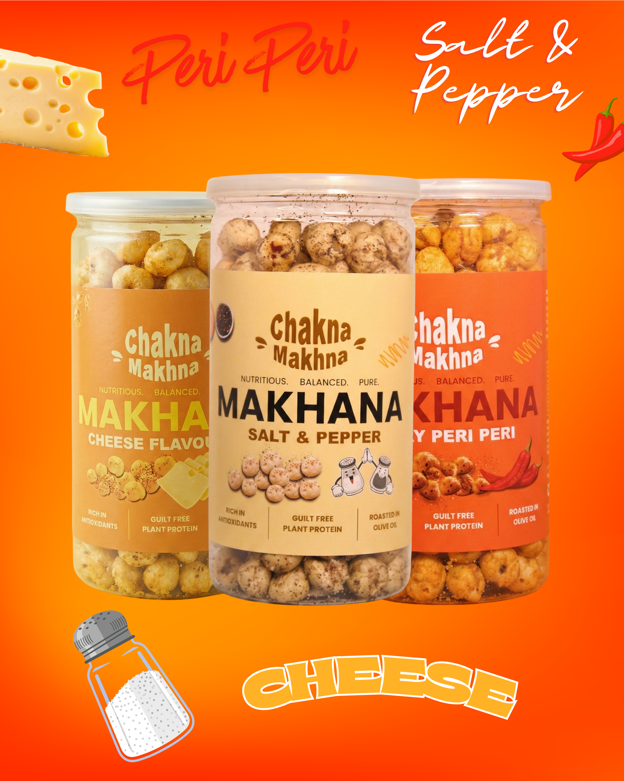 CHAKNA MAKHNA - Combo of 3 - Cheese, Salt & Pepper and Fiery Peri Peri ...