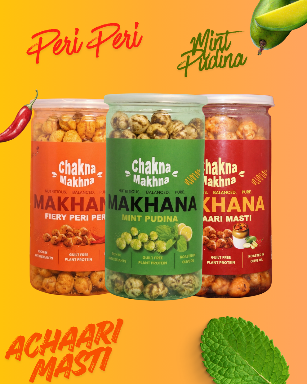 CHAKNA MAKHNA - Combo of 3 - Fiery Peri-Peri, Mint Pudina and Achaari ...